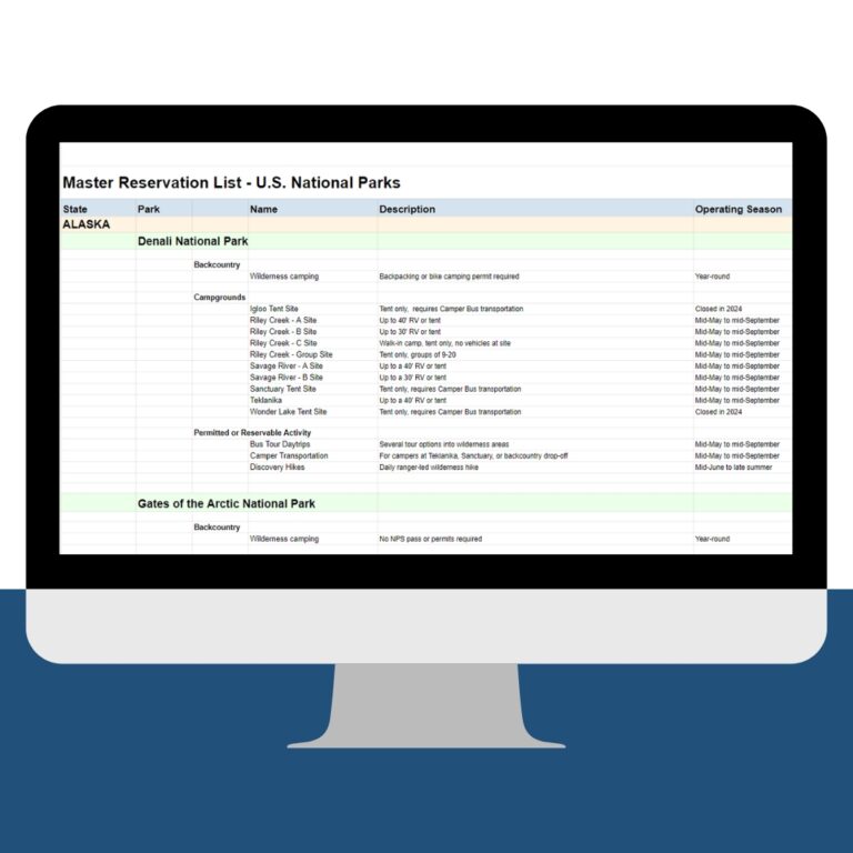 Master Reservation List for all U.S. National Parks